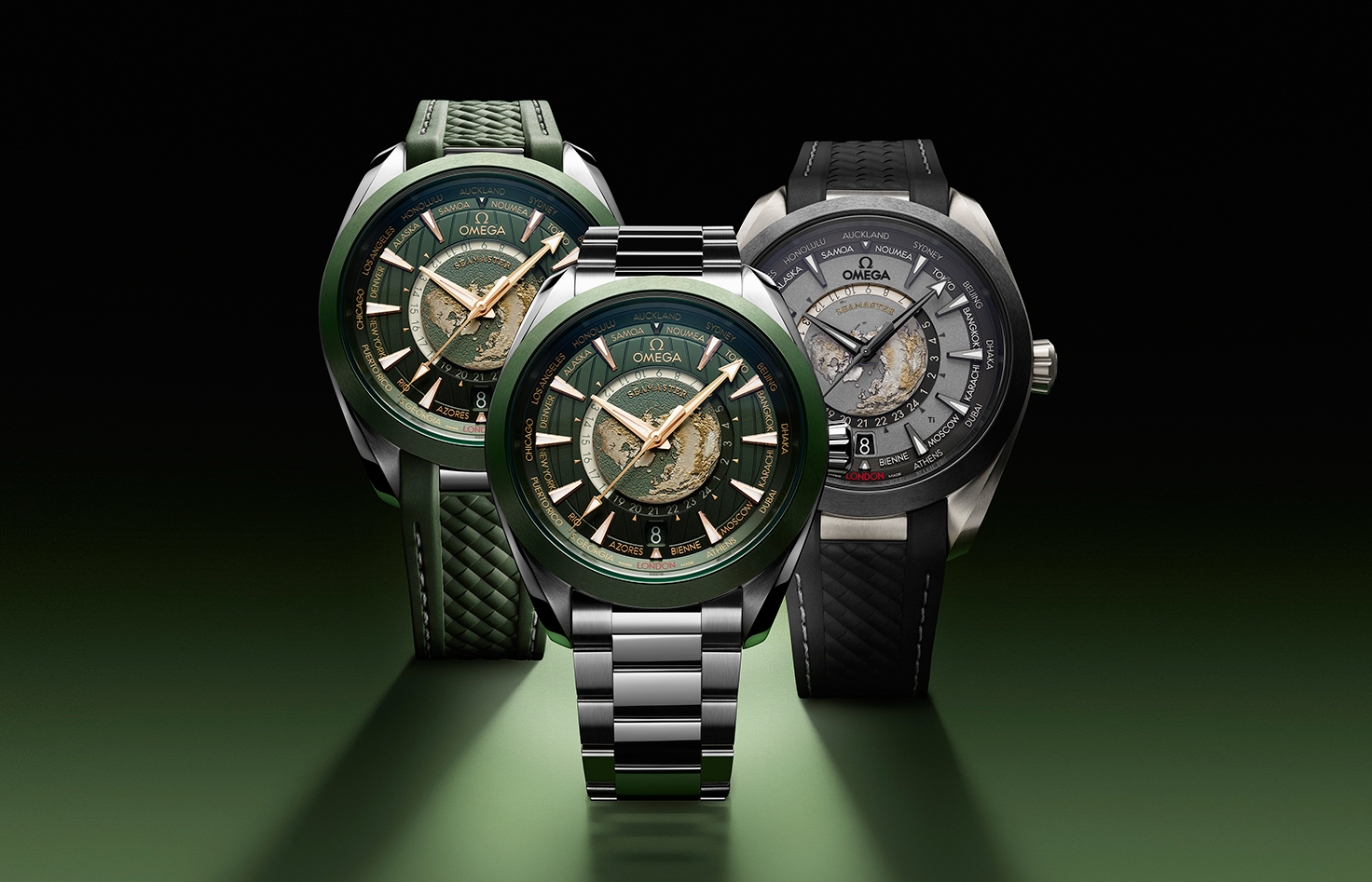 OMEGA 推出三款全新海马 Aqua Terra 150 米系列 43 毫米至臻天文台世界时腕表，替手表带来崭新的视觉张力。 - Iconicmen